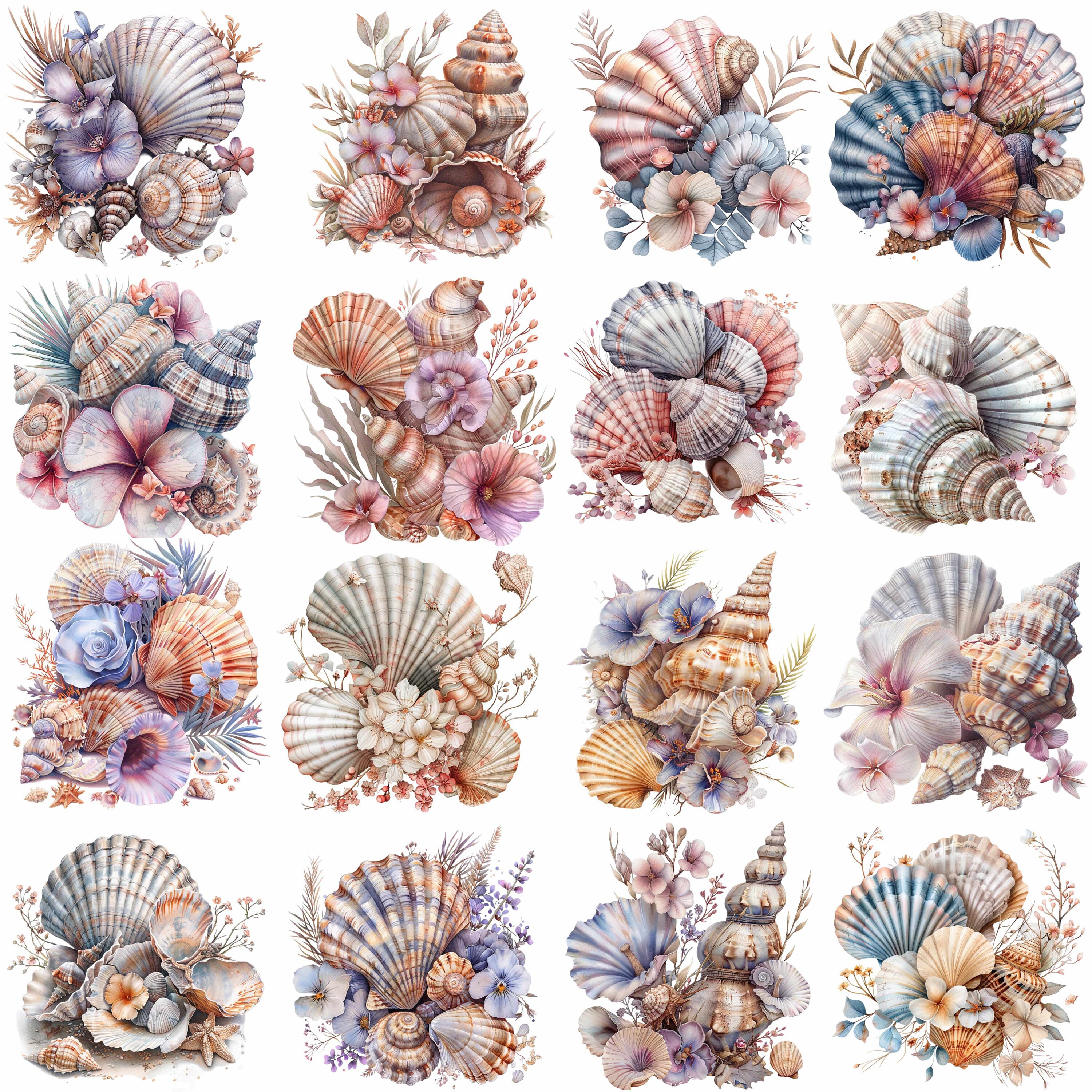 16 Sea Shells With Flowers Clipart Bundle, 16 High-quality JPG, Craft ...