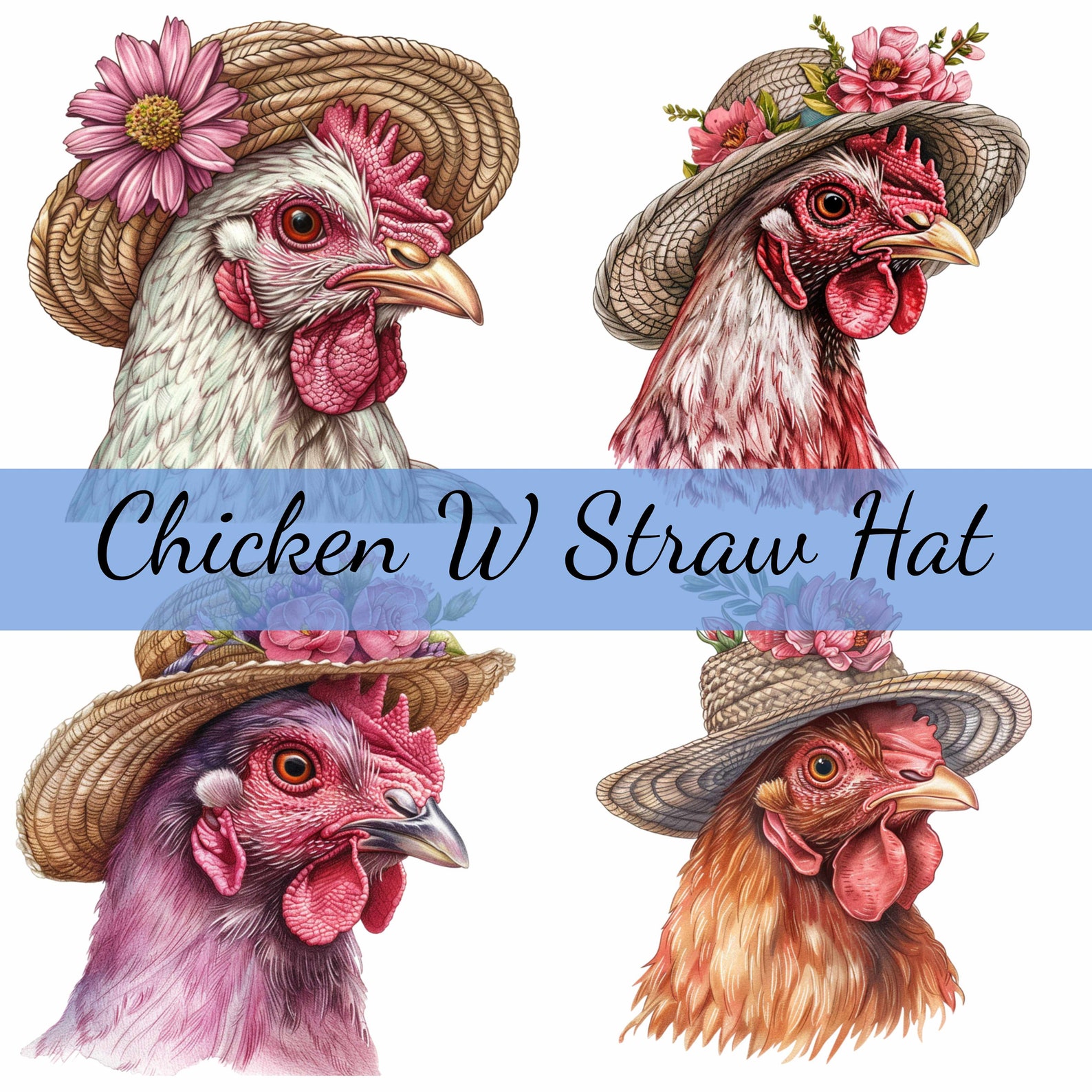 16 Chicken With Straw Hat and Flowers Clipart Bundle, High-quality JPG ...