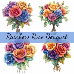16 Rainbow Rose Flower Bouquet Clipart Bundle, 16 JPG and Transparent ...
