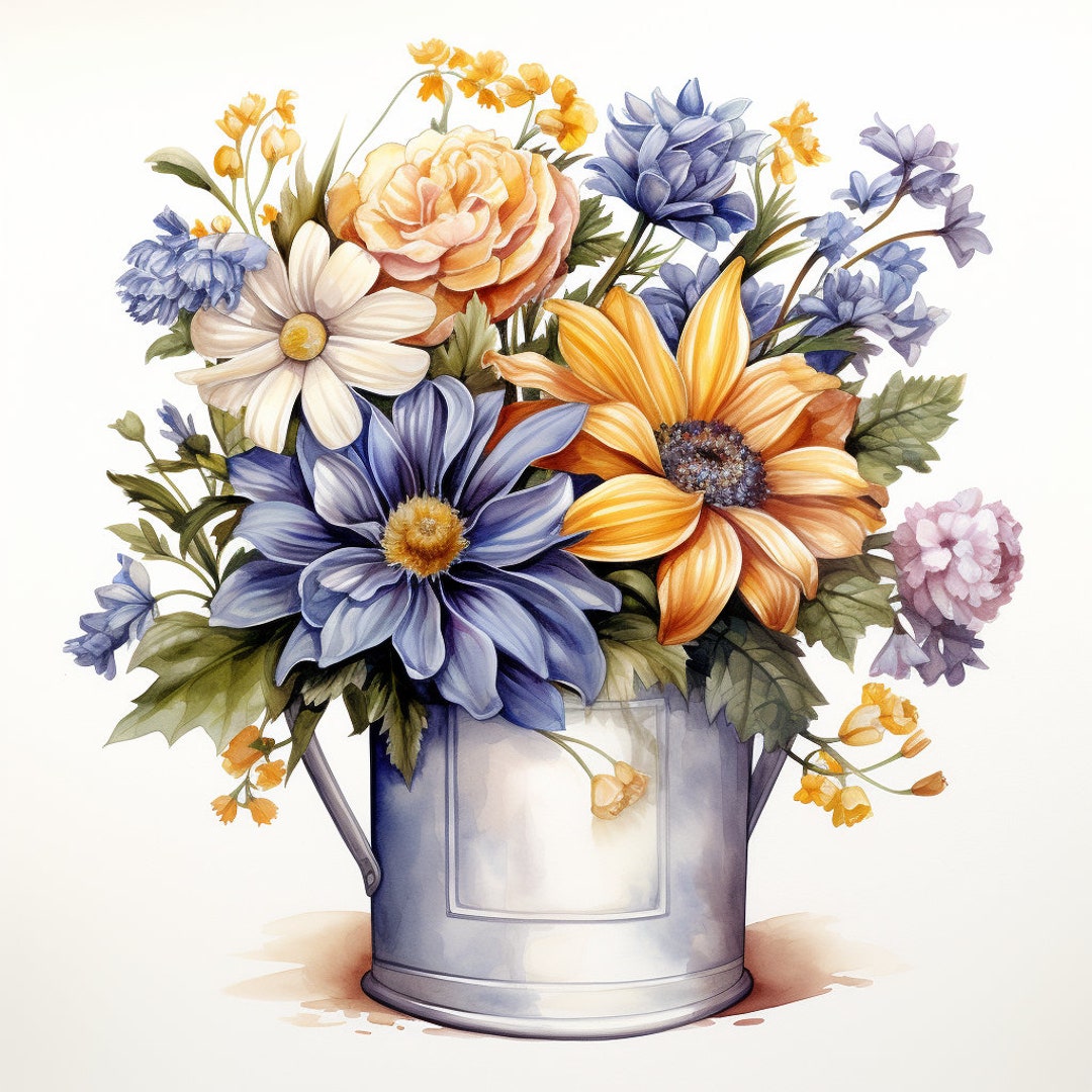 Flowers in Metal Pail Clipart Bundle 16 High-quality JPG, Craft Art ...