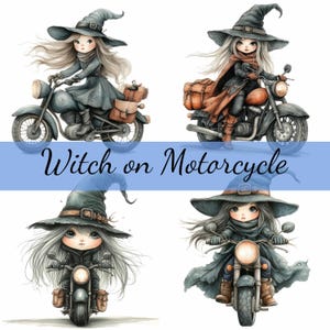 Witch on A Motorcycle Clipart Bundle, 15 JPG and Transparent PNG, Craft ...