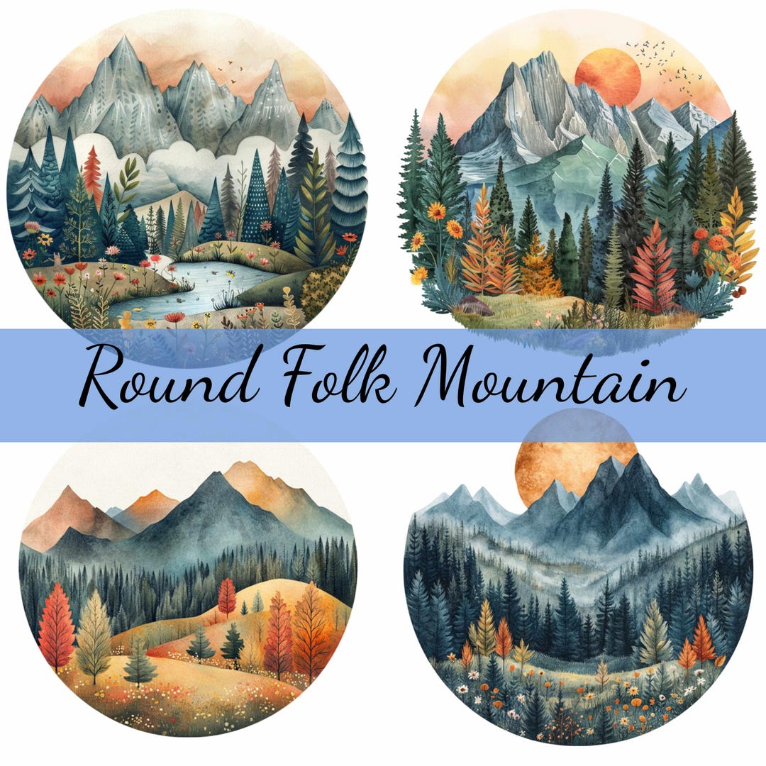 Folk Art Mountain Round Clipart Bundle, 12 Transparent PNG Download ...