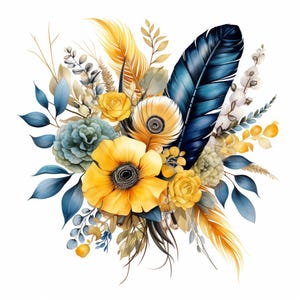 14 Boho Feather Flower Bouquet Clipart Bundle, High-quality JPG, Card ...