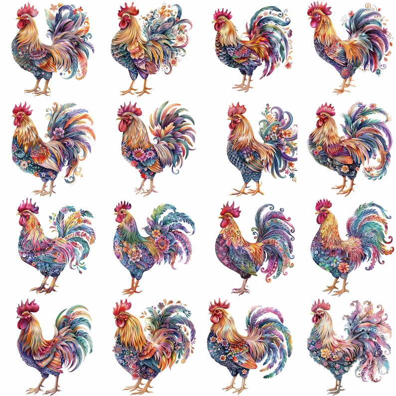 Whimsical Rooster Flowers 3 Clipart Bundle, 16 High-quality JPG, Craft ...