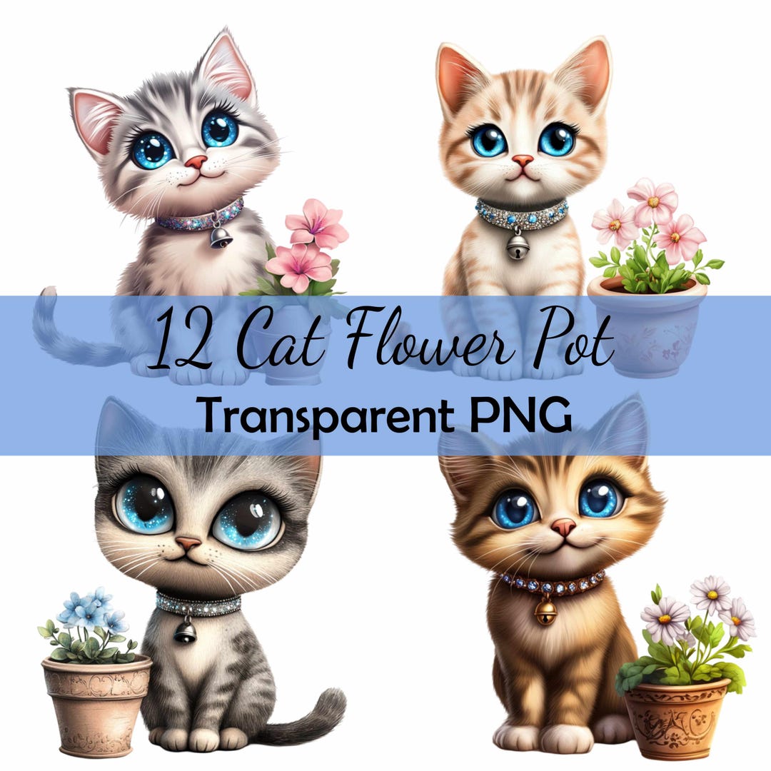 16 Cute Cats Flower Pot Folk Art Clipart Bundle Transparent PNG ...