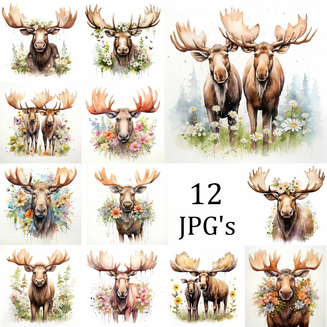 12 Cute Moose W Flowers Clipart Bundle, High-quality JPG, Nursery Art ...