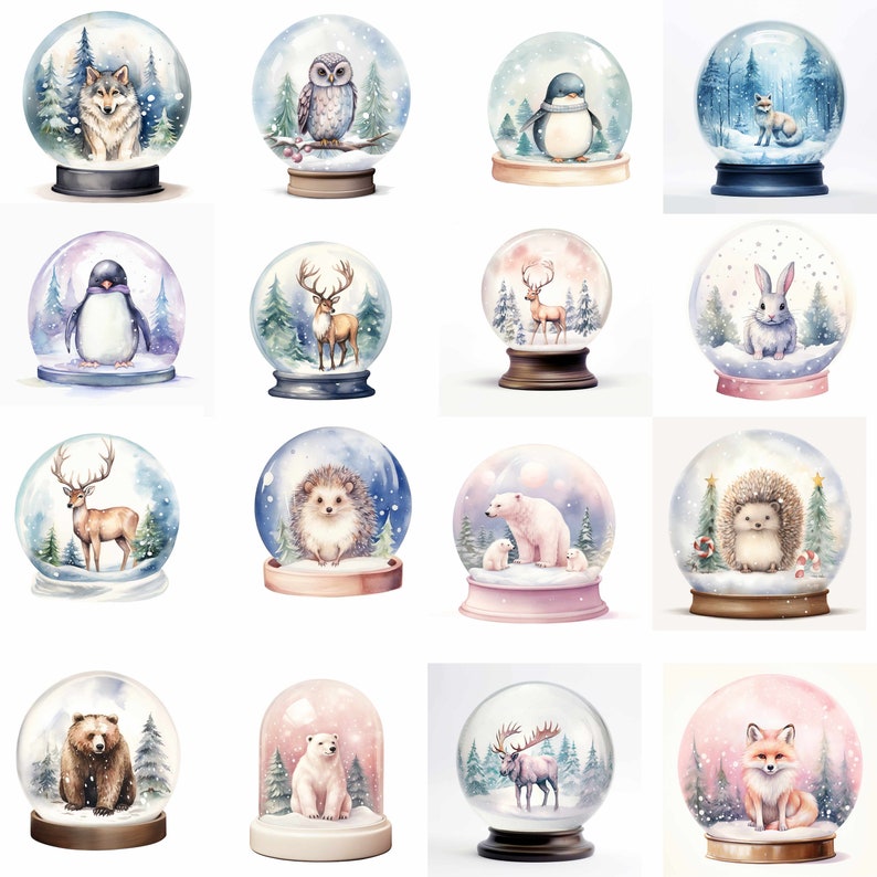 16 Wild Animal Snow Globes Clipart Bundle, JPG, Card Making, Clip Art ...