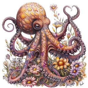 Folk Art Octopus W Flowers Clipart Bundle, 12 High-quality JPG, Craft ...