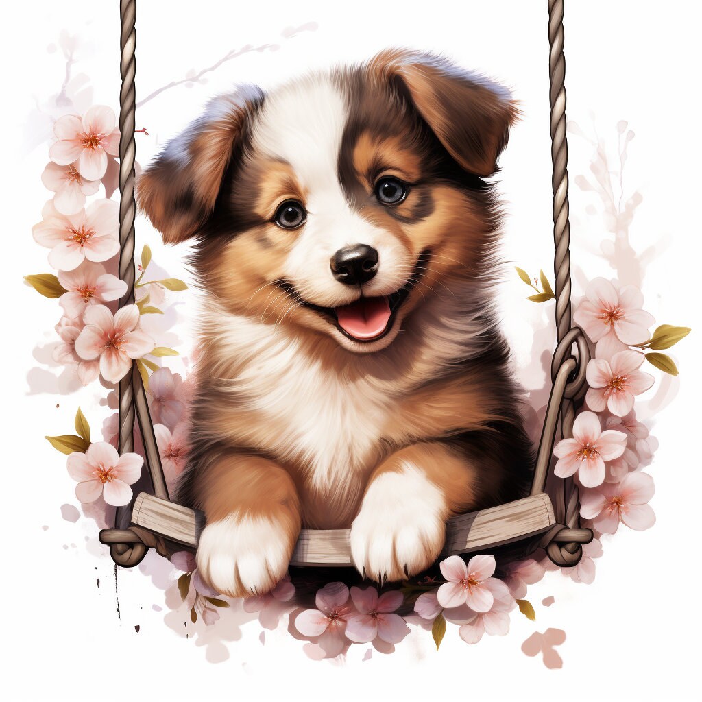 Puppy Dog on Swing With Spring Flowers Clipart Bundle, High-quality JPG ...