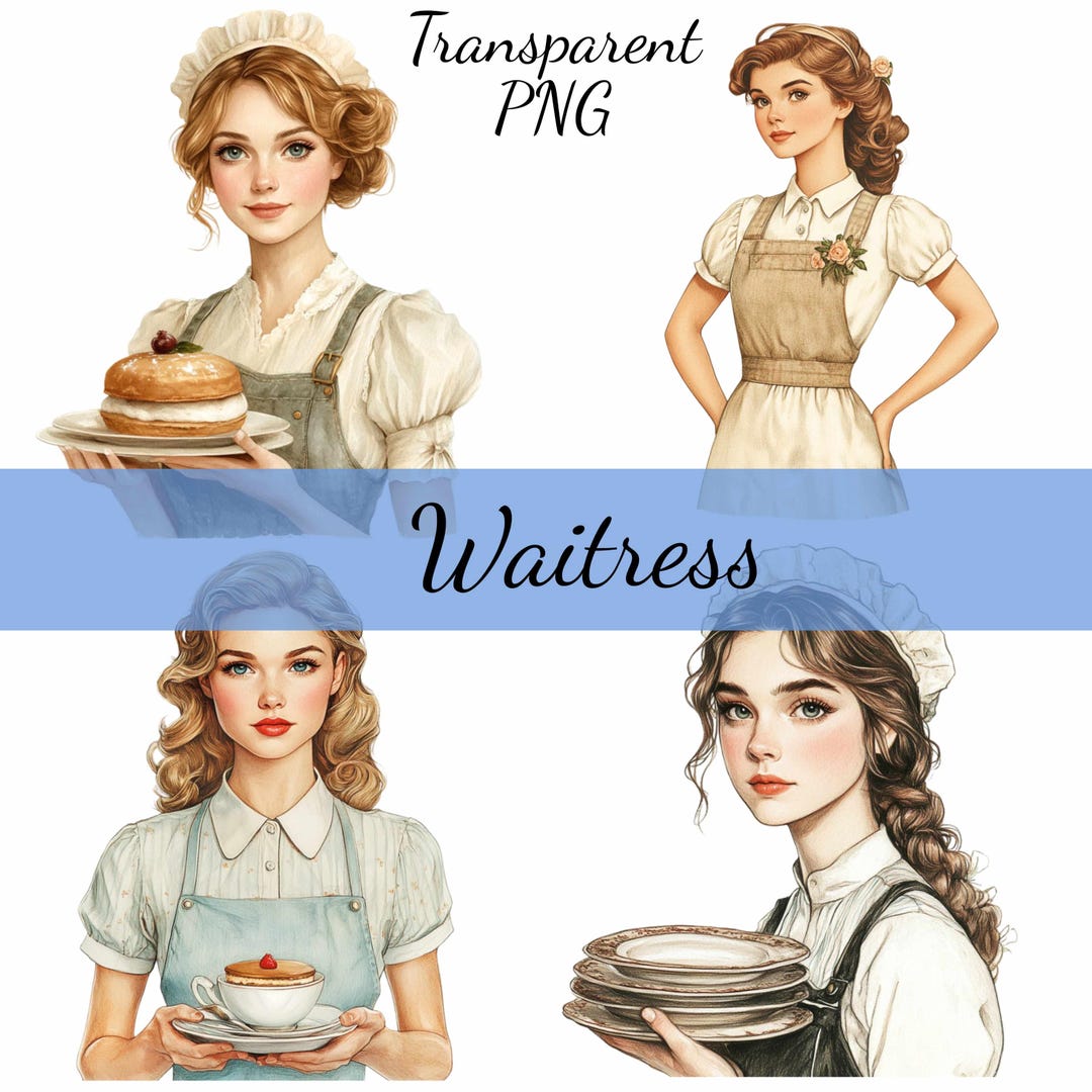 15 Vintage Waitress Server Clipart Bundle, 15 High-quality PNG ...