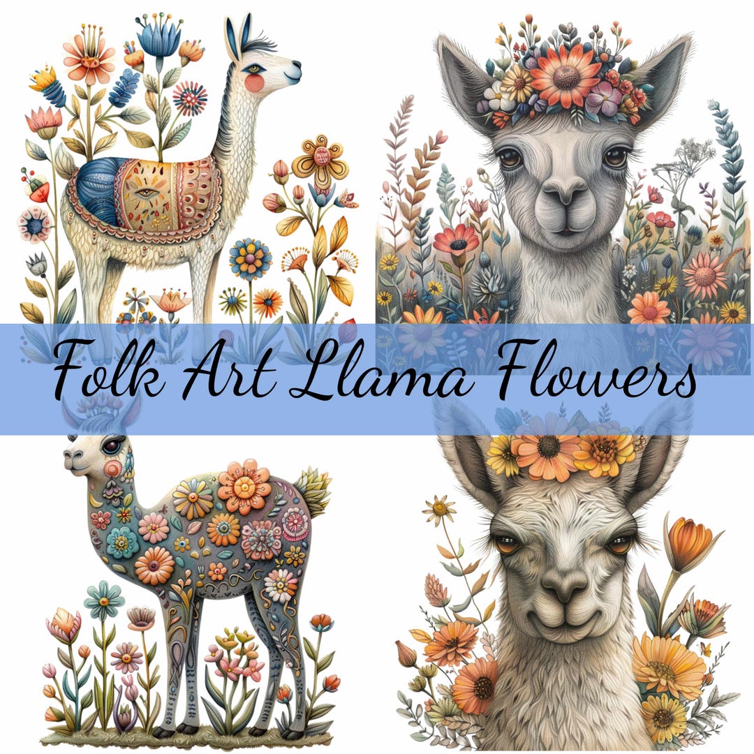 16 Llama With Folk Art Flowers Clipart Bundle, 16 High-quality JPG ...