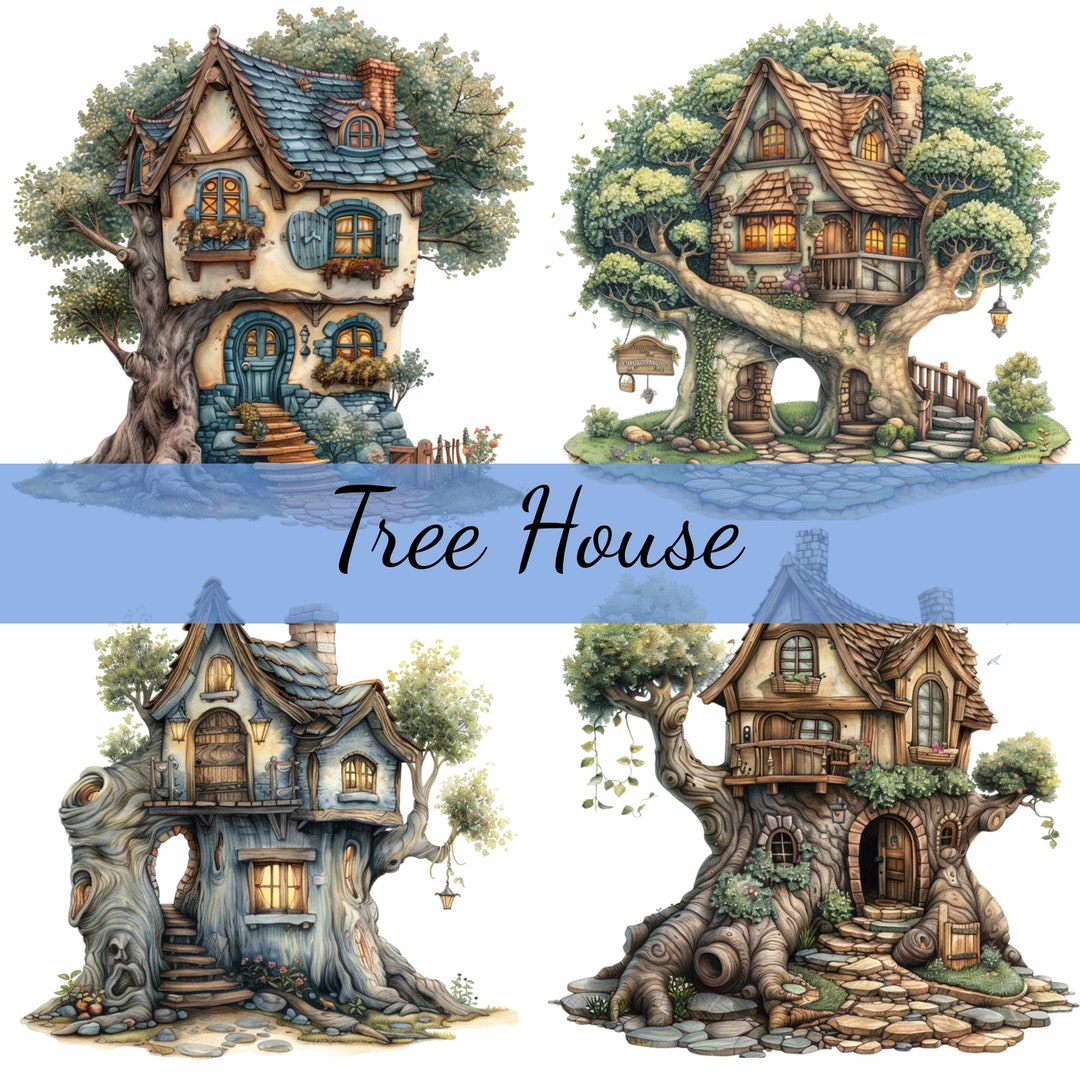 16 Cute Tree House Clipart Bundle, 16 High-quality JPG, Craft Art, Card ...