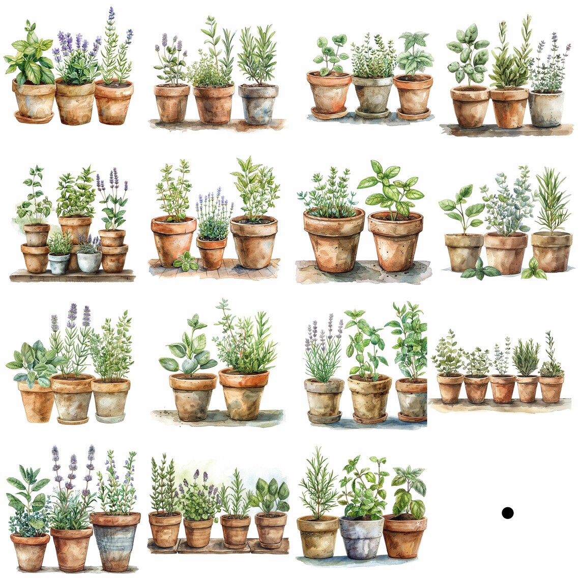 15 Herbs in a Line of Pots Clipart Bundle, 15 High-quality JPG, Craft ...