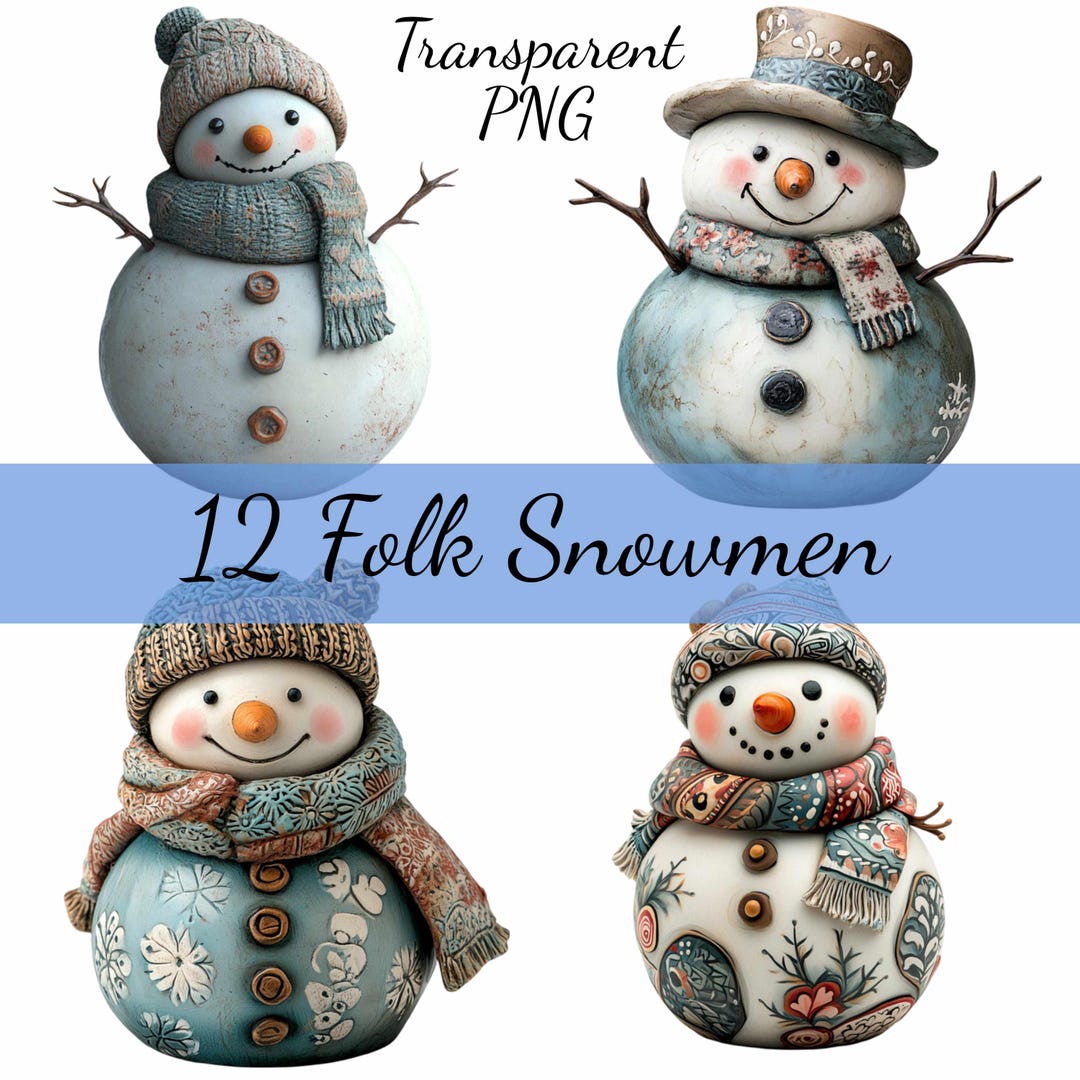 Folk Art Snowmen Christmas 12 Clipart Bundle, Transparent PNG Download ...