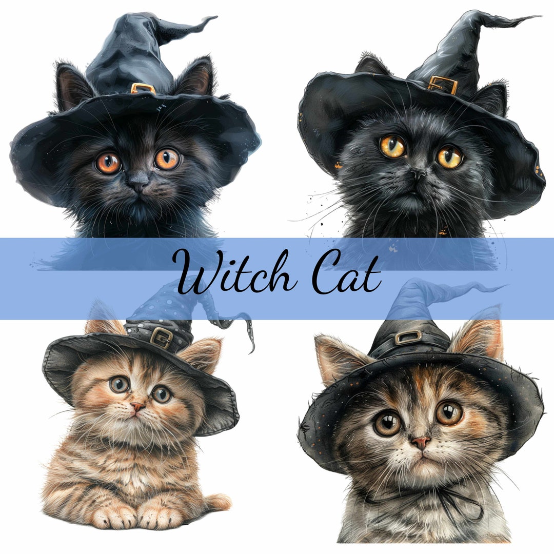 16 Cat With a Witch Hat Clipart Bundle, 16 High-quality JPG, Craft Art ...