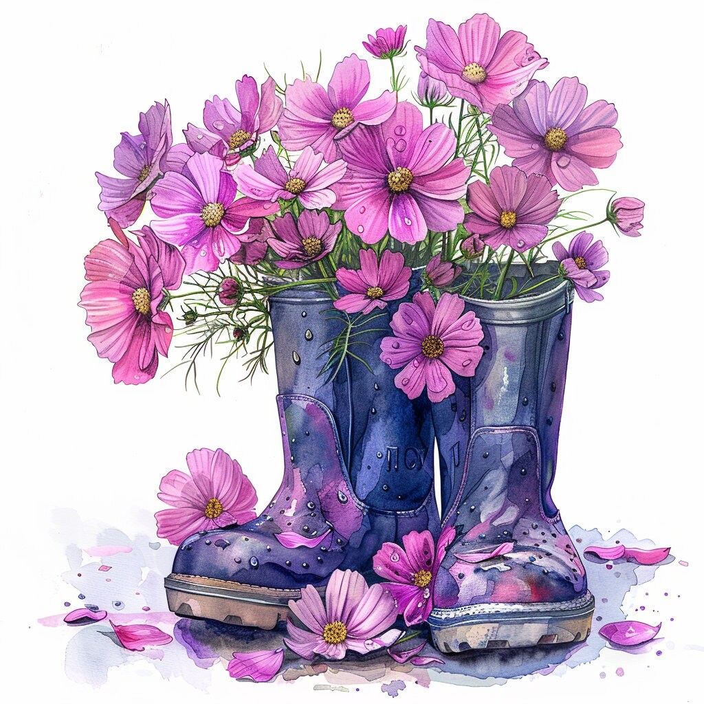 Colorful Flowers in Rain Boots Clipart Bundle, 16 High-quality JPG ...