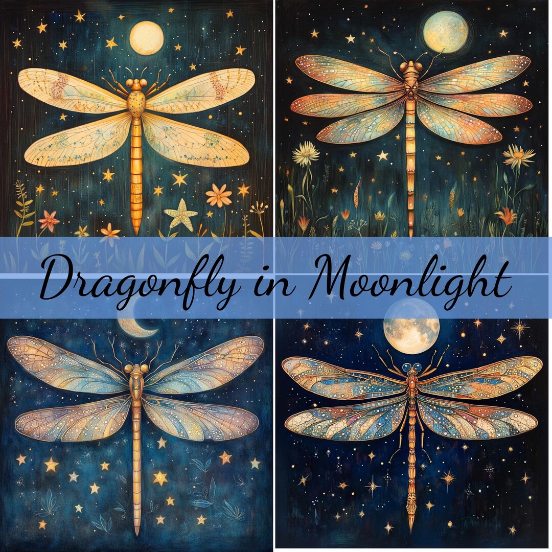12 Dragonfly in Moon Light Night Clipart Bundle, 12 High-quality JPG ...