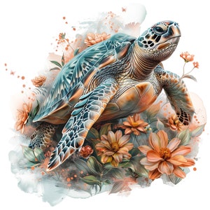 Floral Sea Turtle Flowers Clipart Bundle, 16 High-quality JPG, Craft ...