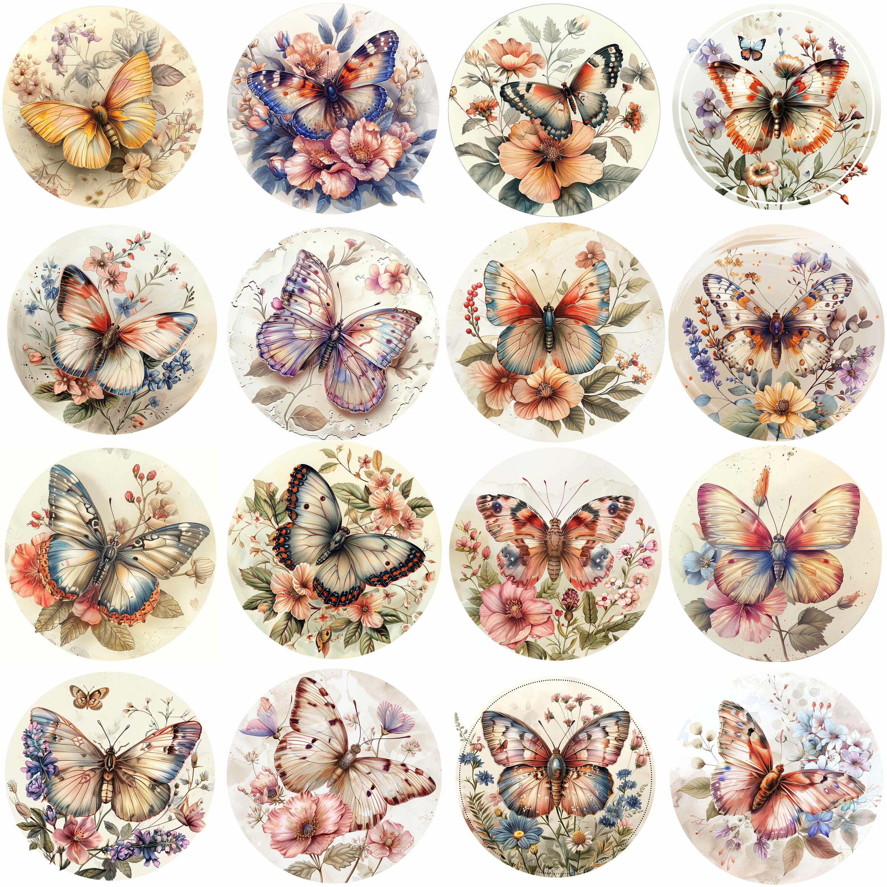 16 Vintage Butterfly Circle Round Clipart Bundle, 16 High-quality JPG ...