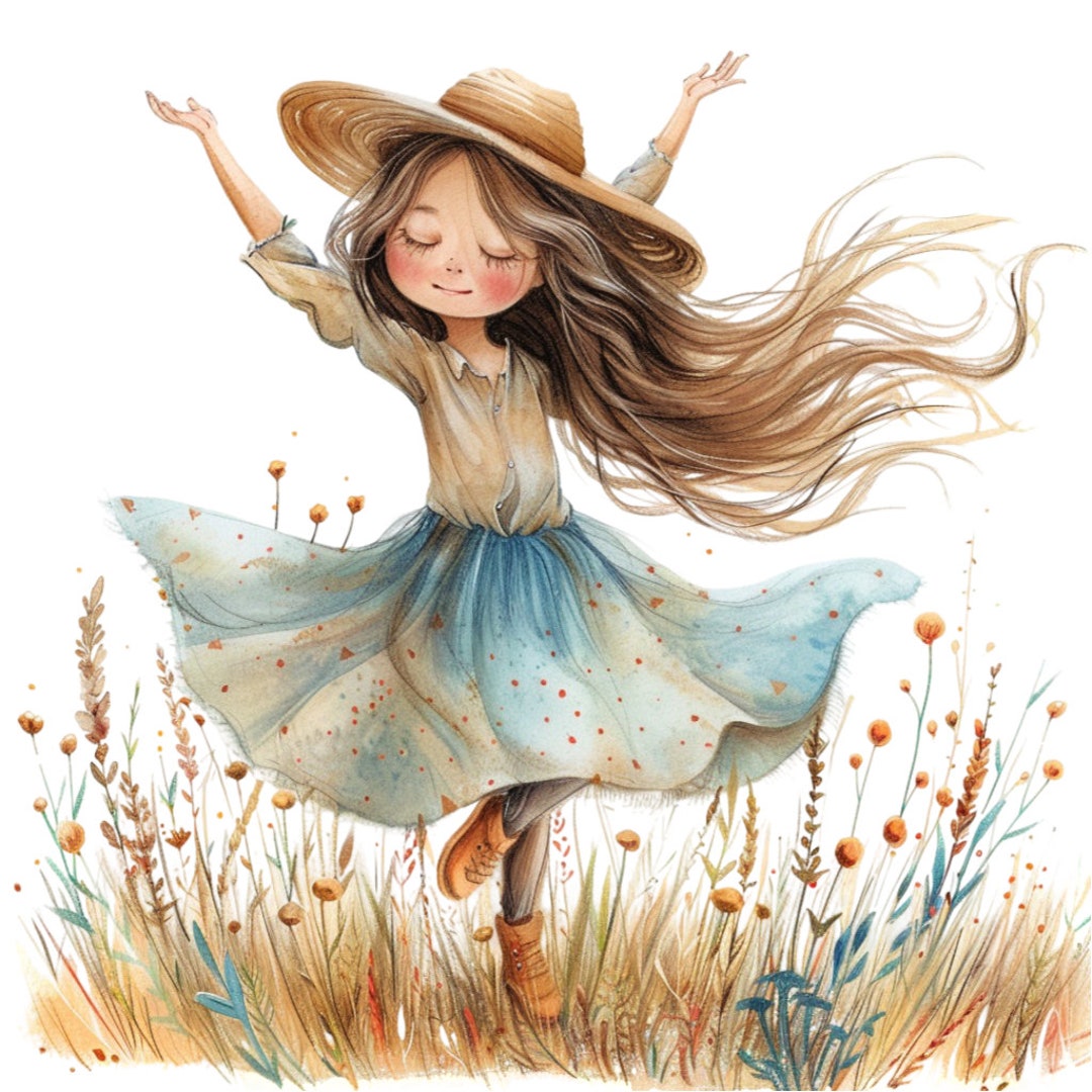 Cute Boho Girl Dancing in Flowers Clipart Bundle, 16 High-quality JPG ...
