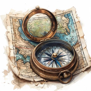 Compass and Map Clipart Bundle, 15 High-quality JPG, Craft Art, Card ...