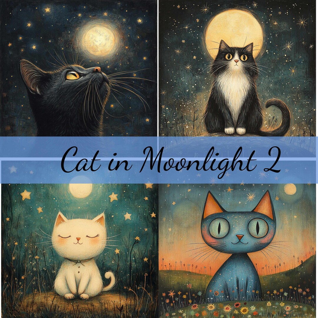 Cat in Moon Light Night Clipart Bundle, 12 High-quality JPG, Card ...
