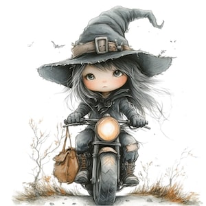 Witch on A Motorcycle Clipart Bundle, 15 JPG and Transparent PNG, Craft ...