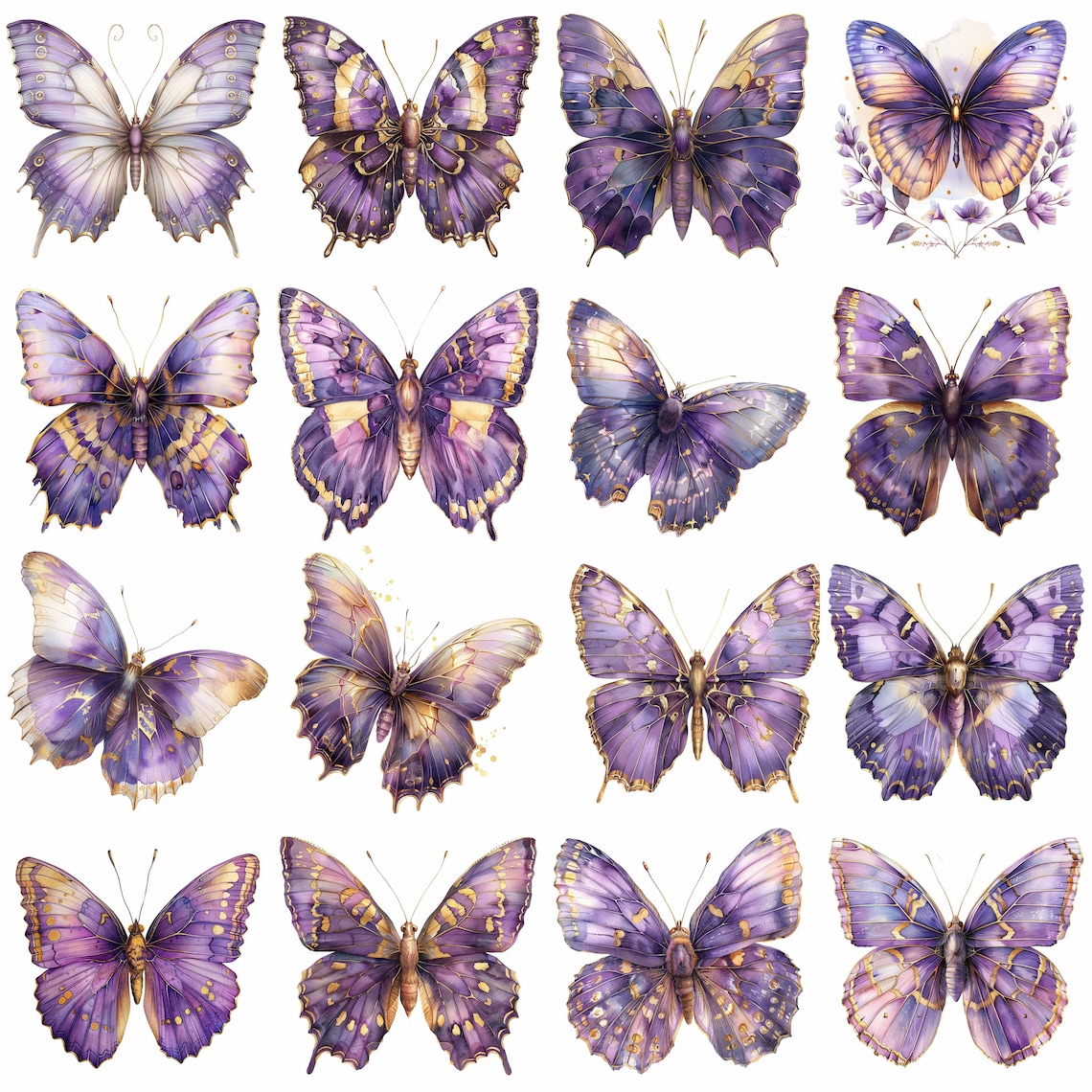 16 Purple and Gold Butterfly Clipart Bundle, 16 High-quality JPG, Craft ...