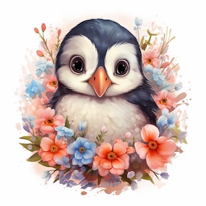 Penguin in Spring Flowers Clipart Bundle, High-quality JPG, Craft Art ...