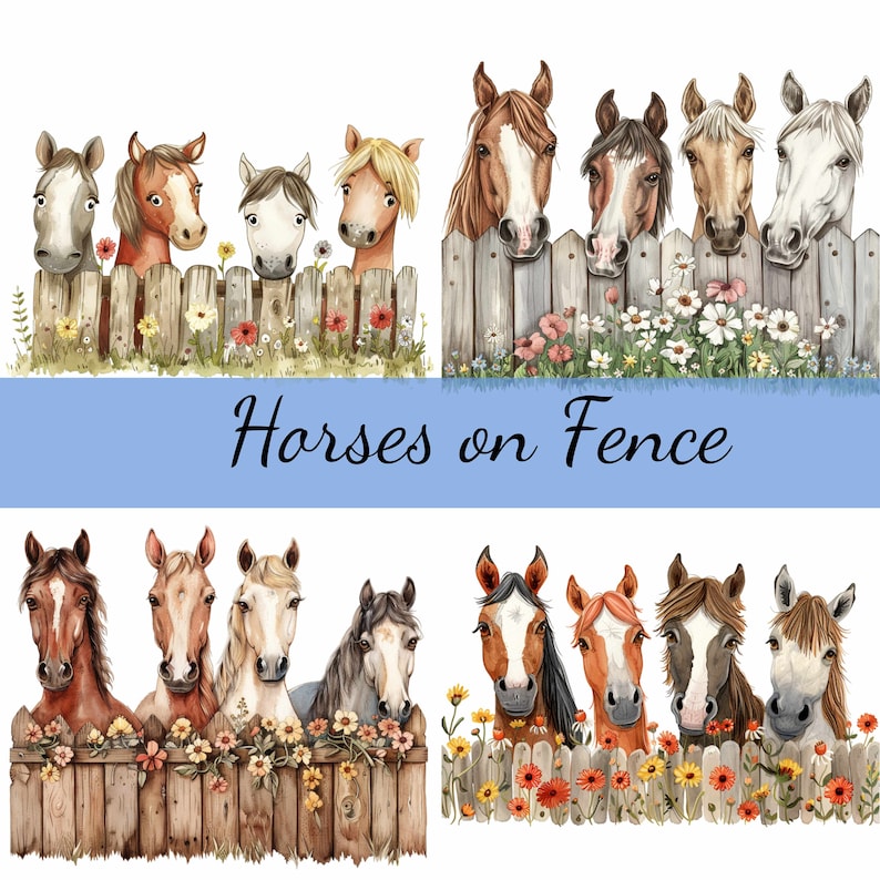 16 Cute Horses on a Farm Fence Clipart Bundle, 16 High-quality JPG ...