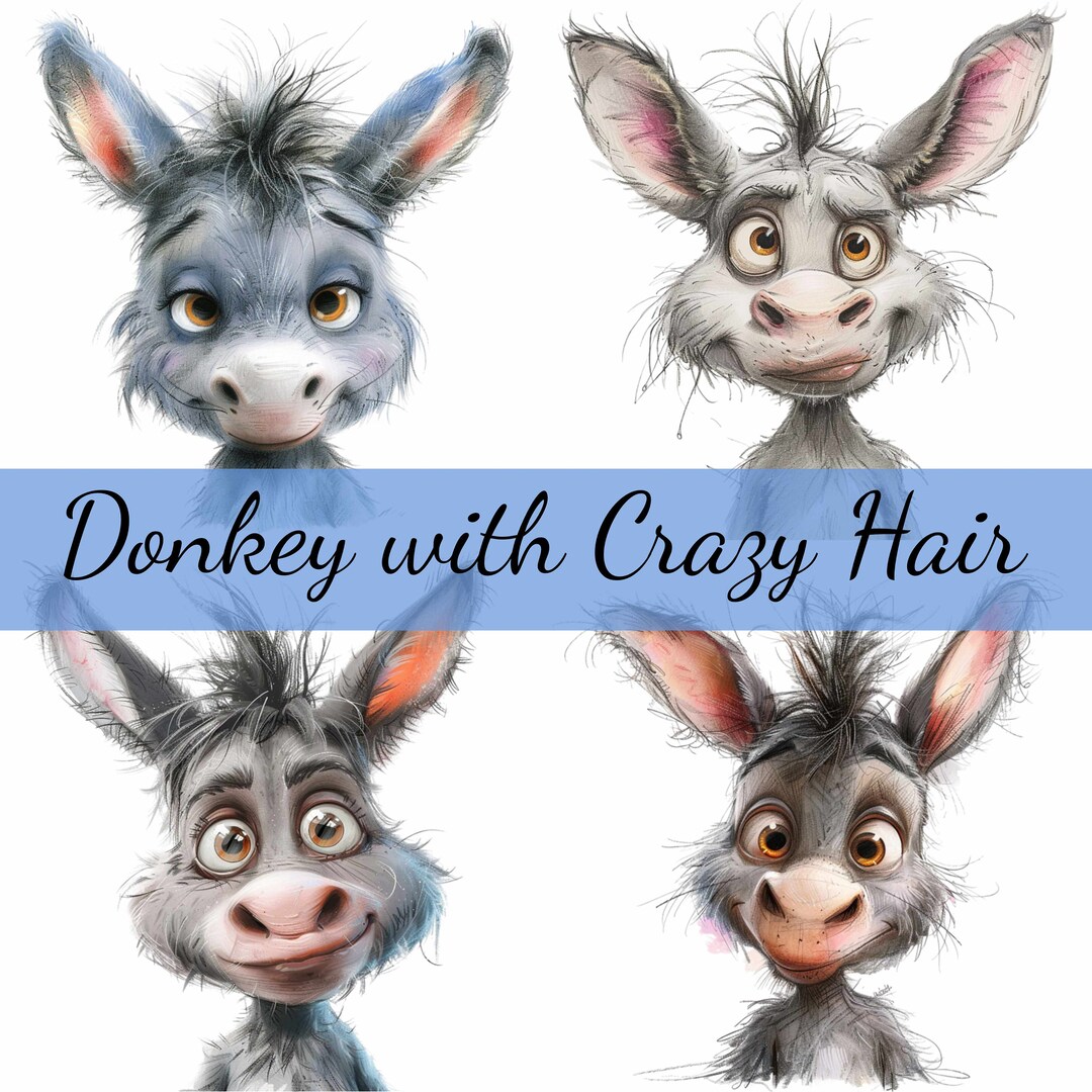12 Silly Donkey With Wild Hair Clipart Bundle, 12 High-quality JPG ...