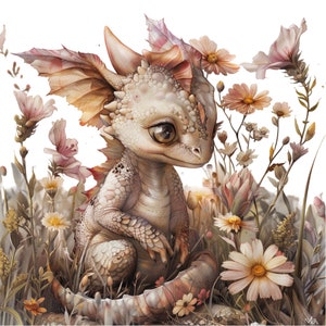 Cute Baby Dragon in Flower Clipart Bundle, 16 High-quality JPG, Craft ...