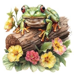 15 Cute Frog on Log With Flowers Clipart Bundle, 15 High-quality JPG ...