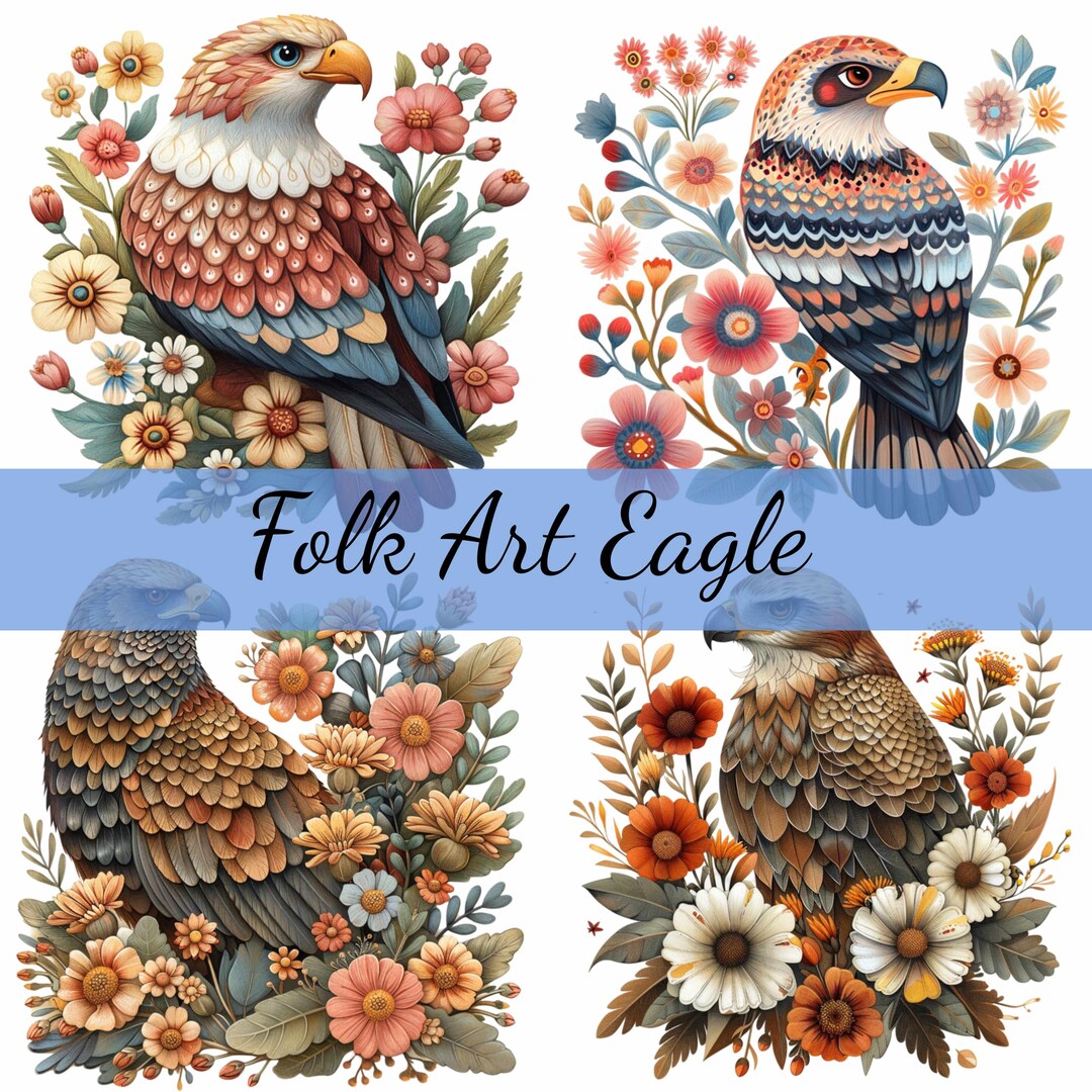 Folk Art Eagle in Flowers Clipart Bundle, 12 Transparent PNG Download ...