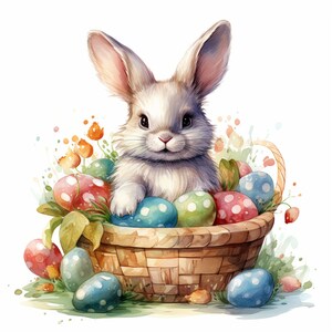 15 Bunny in Easter Basket W Easter Eggs Clipart Bundle High-quality JPG ...