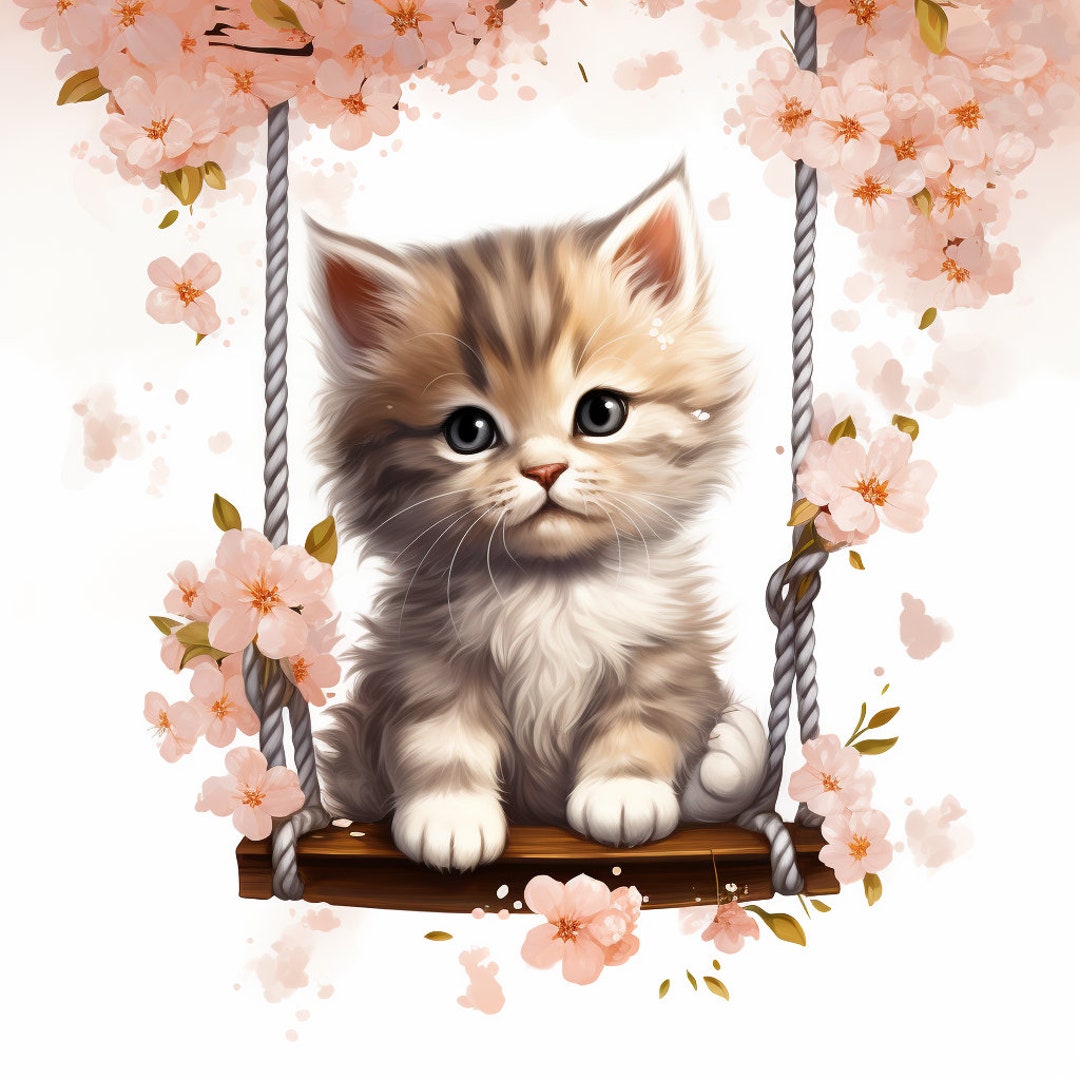 Kitten on Swing With Spring Flowers Clipart Bundle, High-quality JPG ...