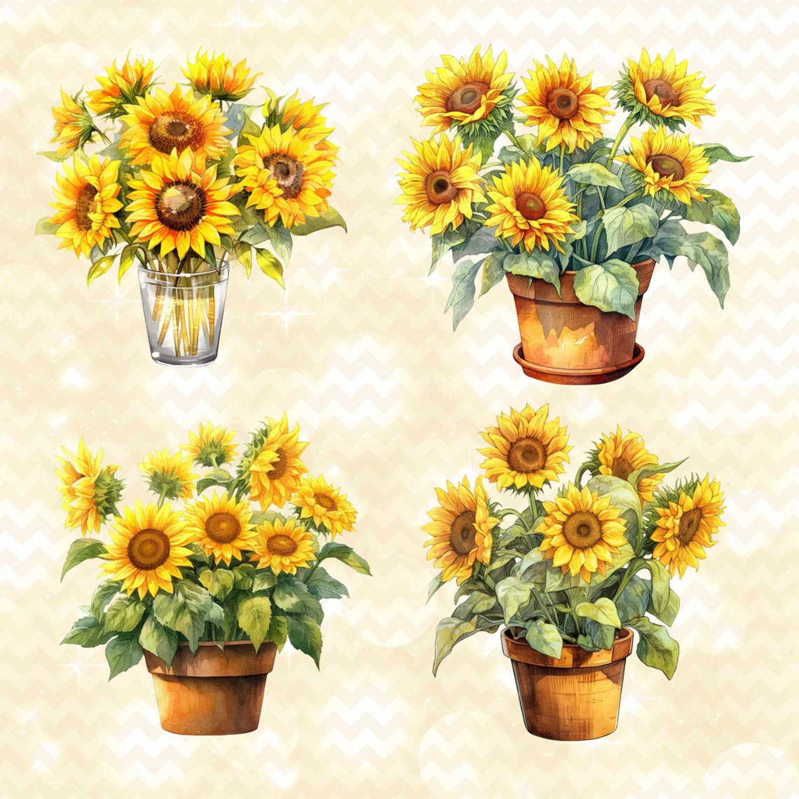13 Sunflowers in Pots Clipart Bundle, High-quality JPG, Watercolor ...