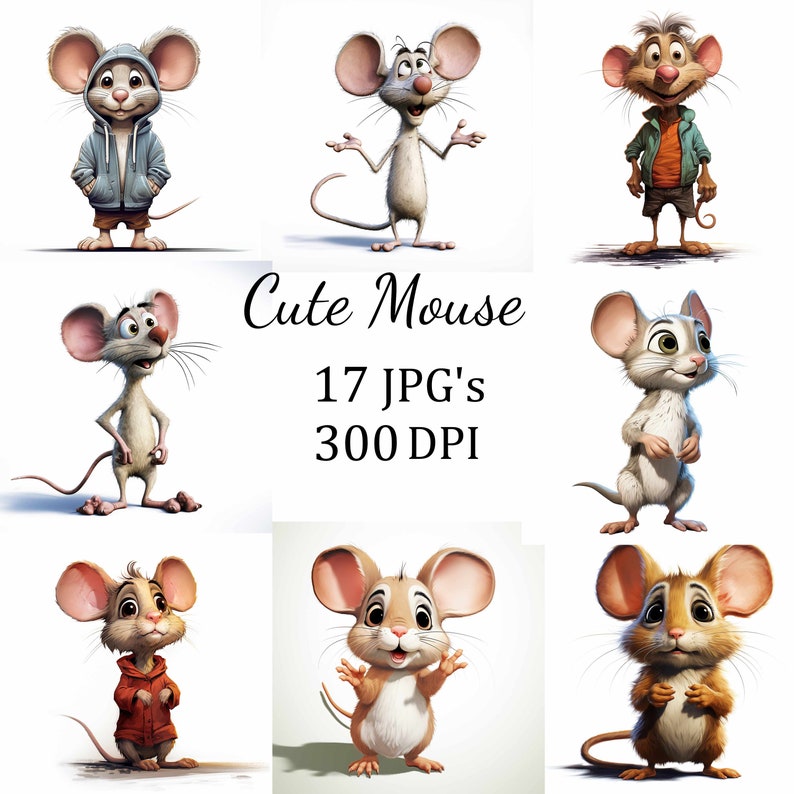 17 Cute Funny Mouse Clipart Bundle, JPG, Card Making, Clip Art, Digital ...