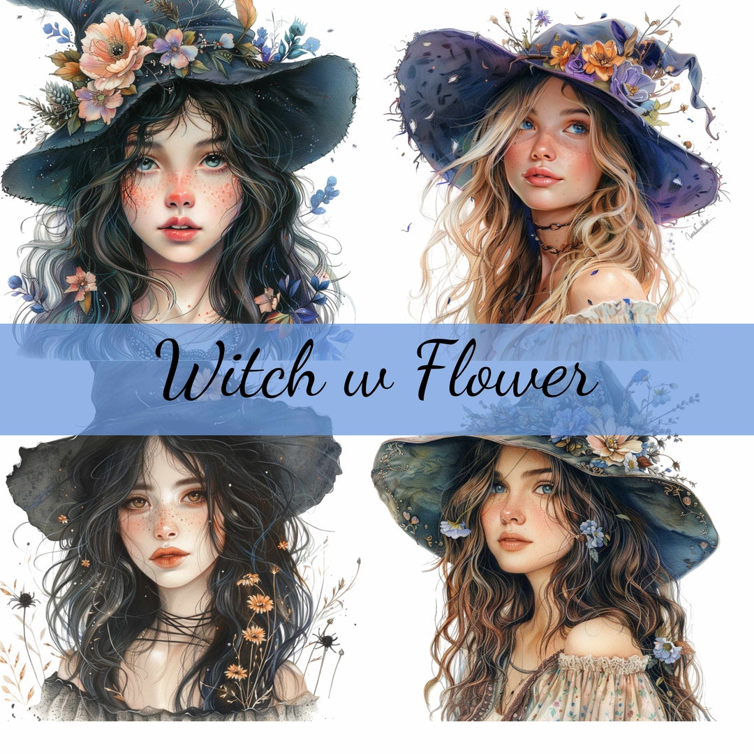16 Pretty Witch With Floral Hat Clipart Bundle, 16 High-quality JPG ...