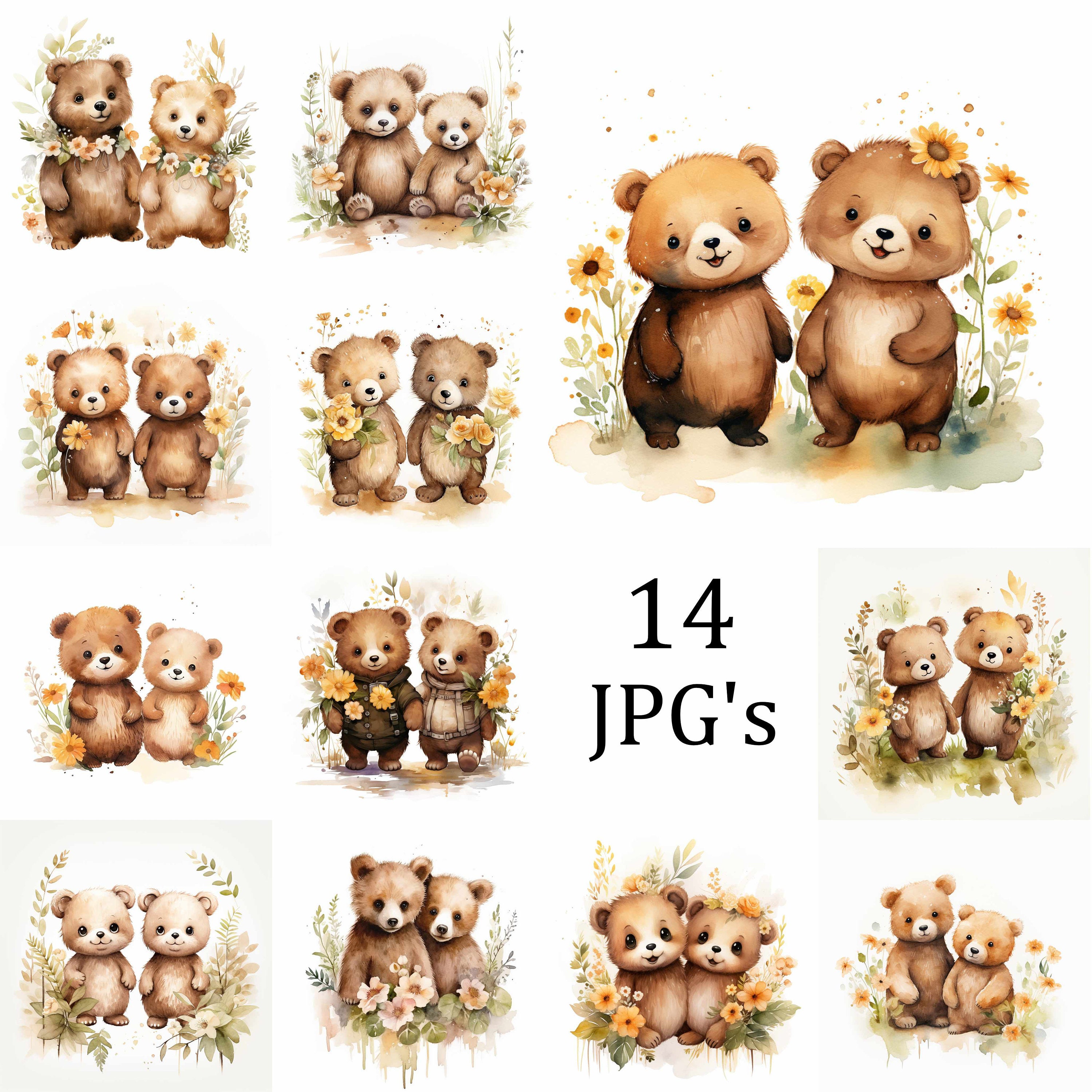 14 Bear Friends Clipart Bundle, High-quality JPG, Nursery Art, Card ...