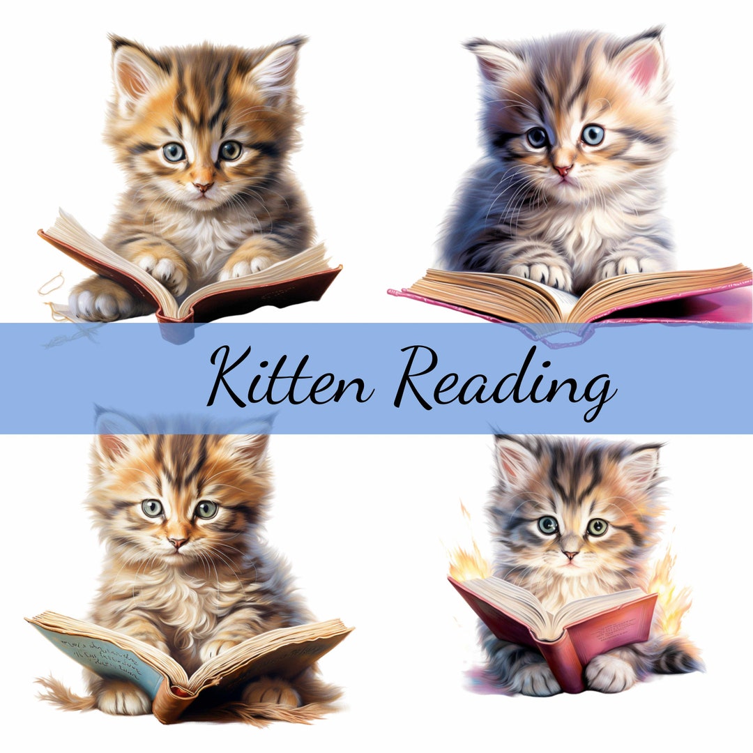 12 Baby Kitten Cat Reading Clipart Bundle, High-quality JPG, Craft Art ...
