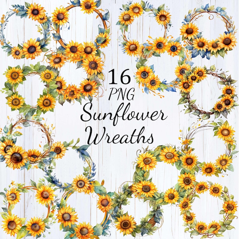 16 Sunflower Flower, Wreaths, and Bouquet Clipart Bundle, High-quality ...