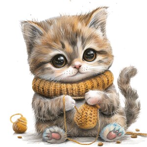 Cute Cat Knitting Yarn Clipart Bundle, 16 High-quality JPG, Craft Art ...