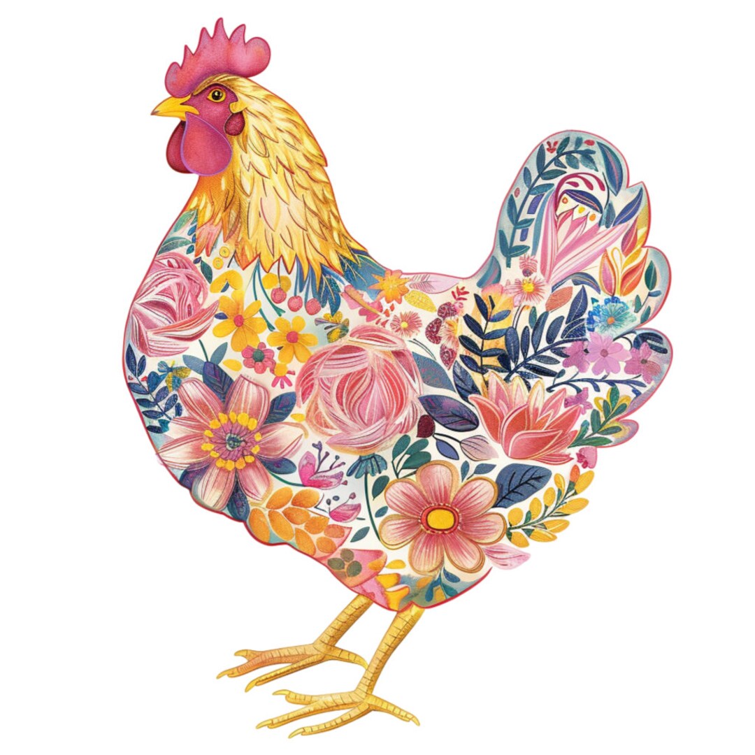 Boho Chicken With Flowers Clipart Bundle, 15 High-quality JPG, Craft ...