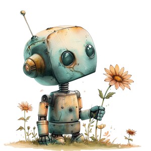 15 Cute Robot With Flower Clipart Bundle, 15 High-quality JPG, Craft ...