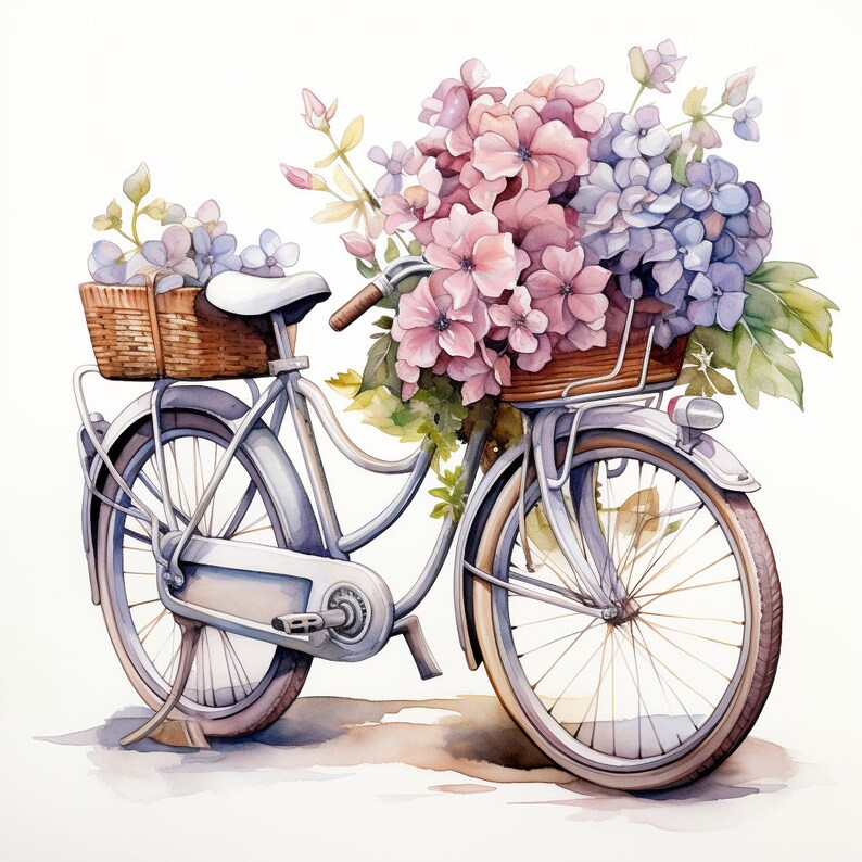 Flowers on Bicycle Clipart Bundle, High-quality JPG, Craft Art, Card ...