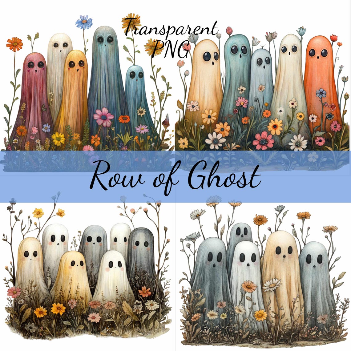 Folk Art Cute Ghost Flowers Clipart Bundle 12 Transparent PNG Download ...
