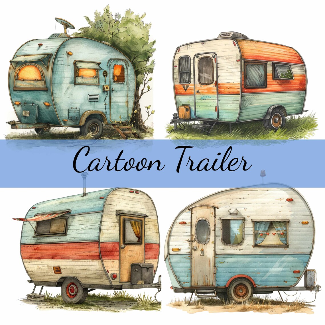 16 Cartoon Camper Trailer Caravan Clipart Bundle, 16 High-quality JPG ...