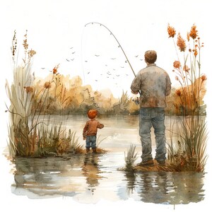Dad and Son Fishing on a Lake Pond Clipart Bundle, 15 High-quality JPG ...