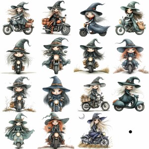 Witch on A Motorcycle Clipart Bundle, 15 JPG and Transparent PNG, Craft ...